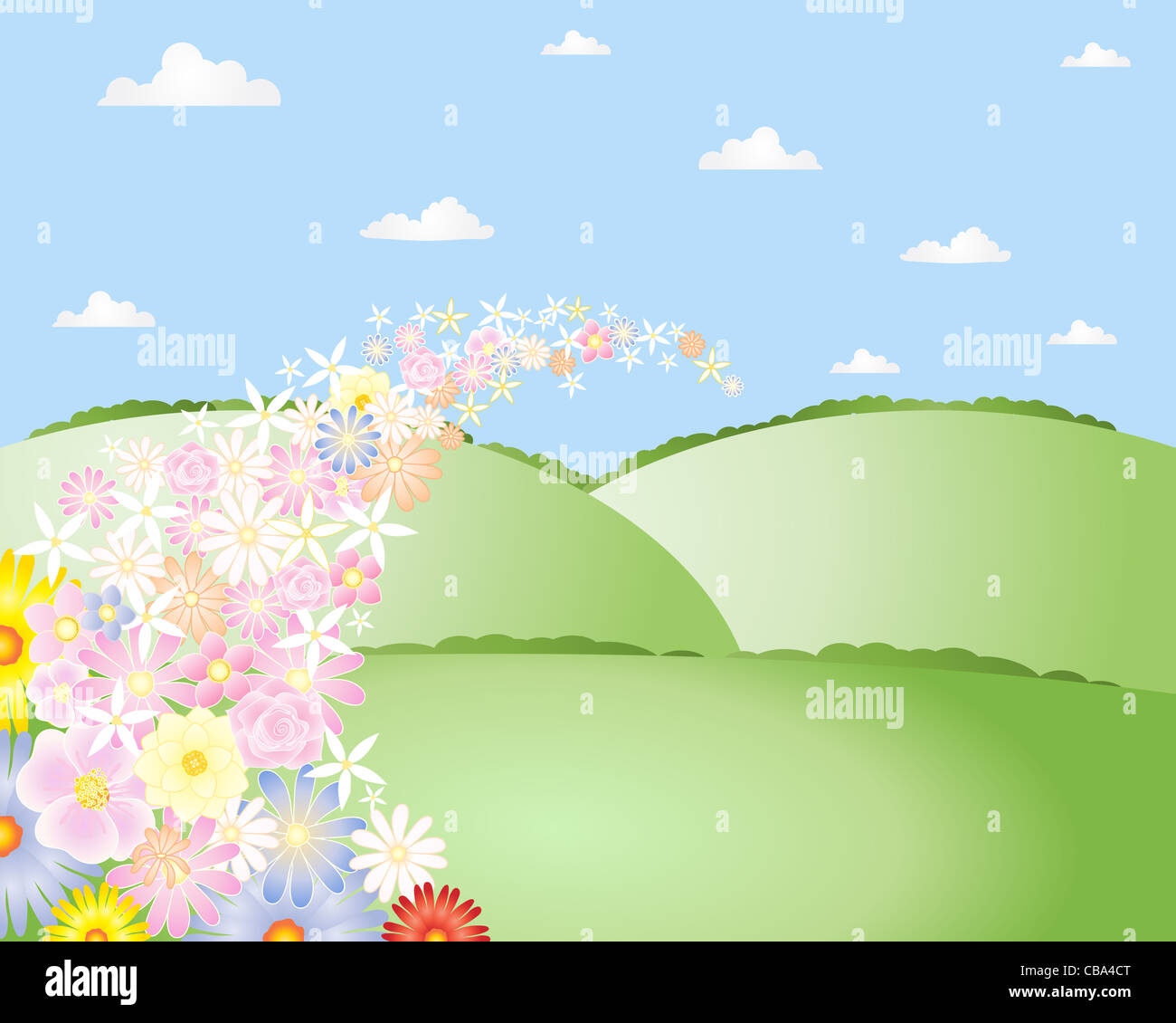 an illustration of a flower path going over a hilly landscape under a ...