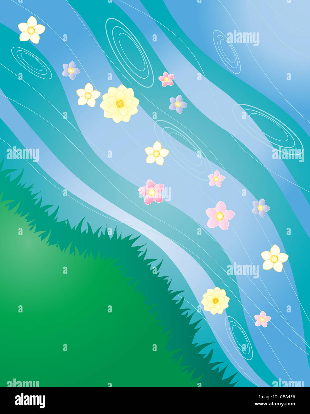 an illustration of a stream with grassy bank and floating flowers Stock ...