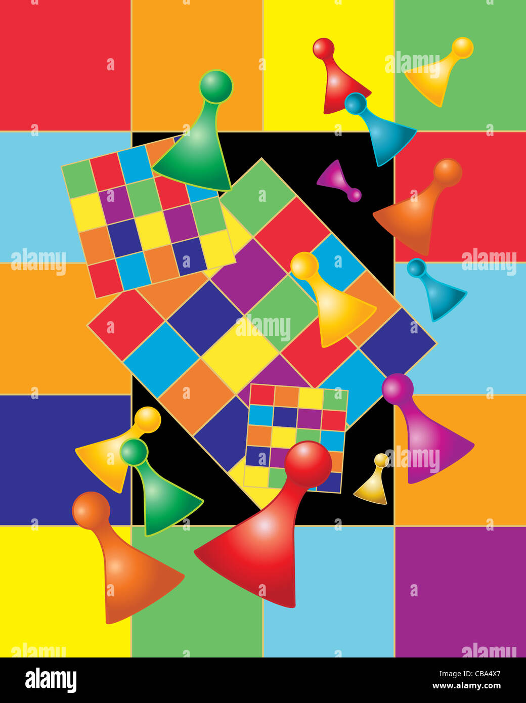 an illustration of a board game with game pieces in rainbow colors ...
