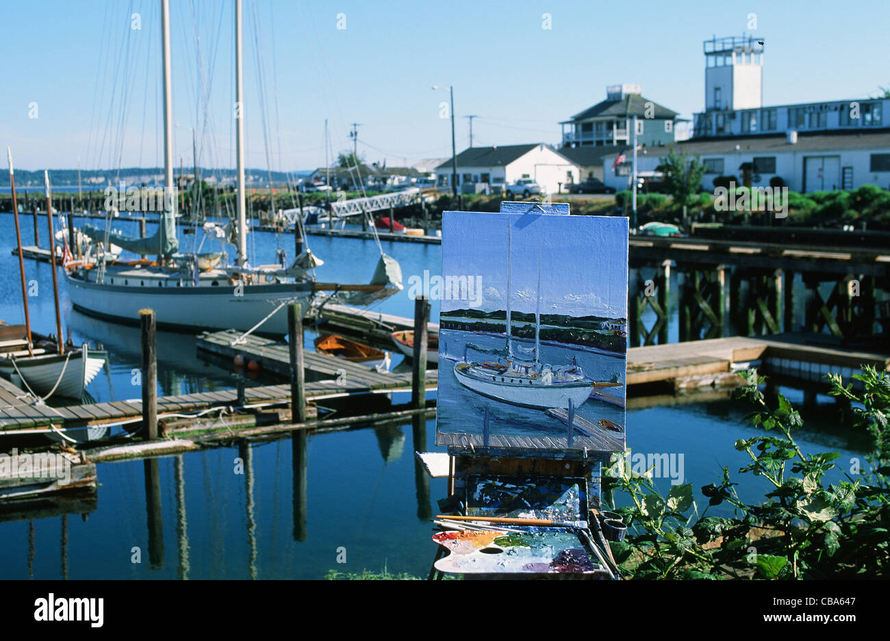 Outdoor painting at Point Hudson Marina at Port Townsend in Washington ...