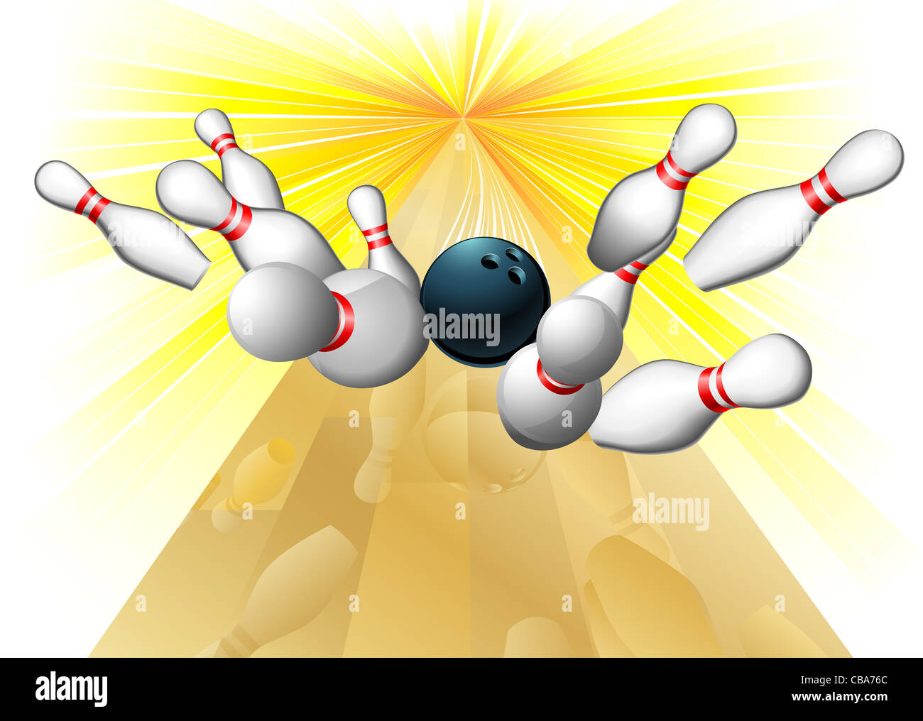 Illustration of a bowling ball smacking into ten pins scoring a strike ...