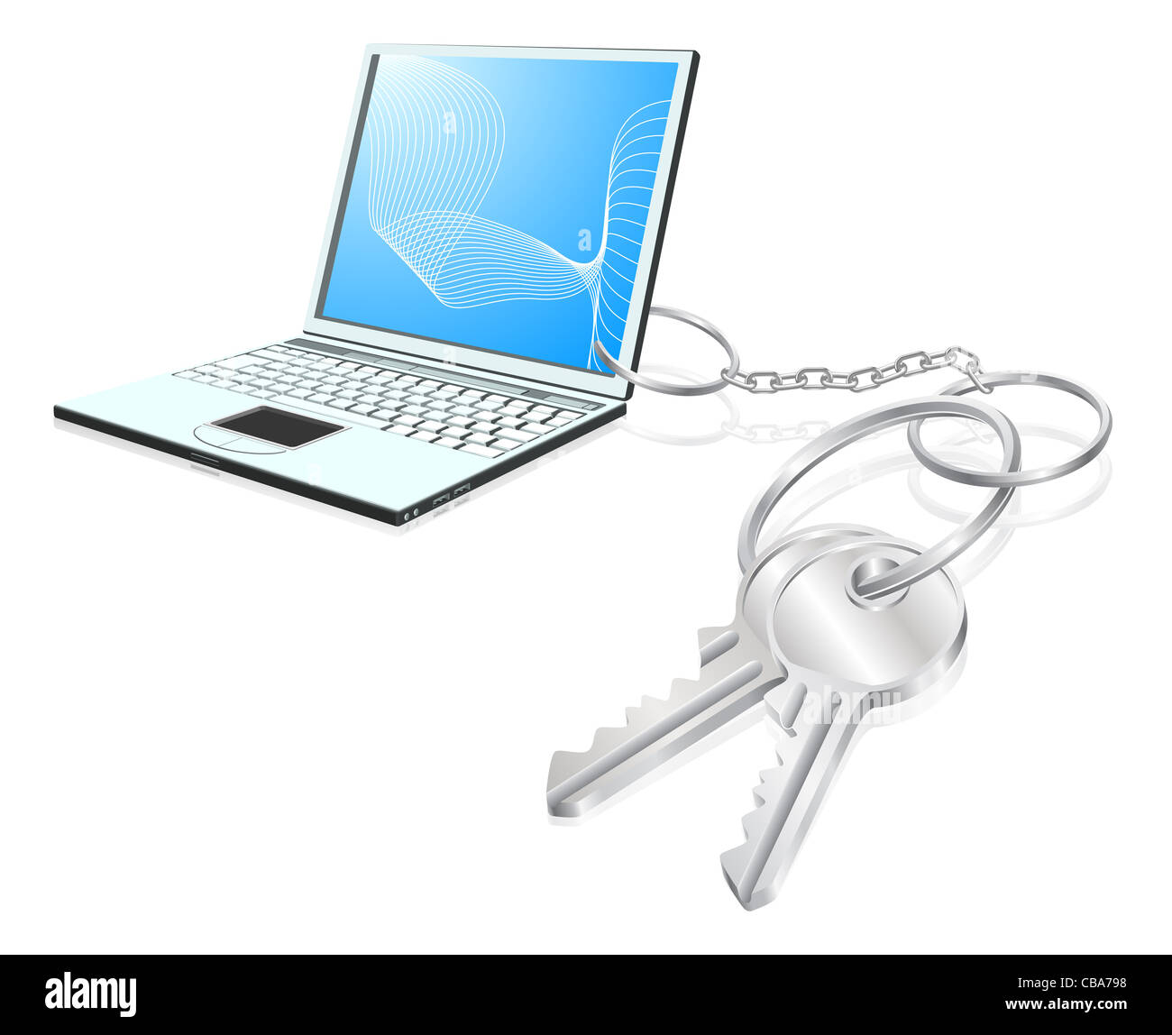 Illustration of laptop computer attached to keys as a keyring. Access ...