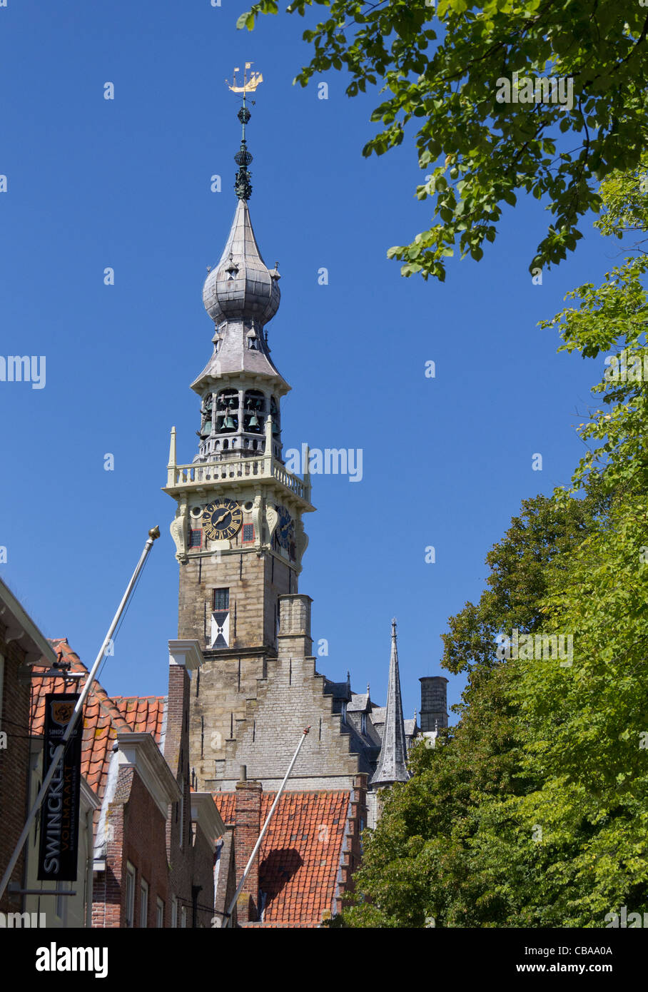 The spire of Grote Kerk, the Big Church, in the town of Veere, Zeeland ...