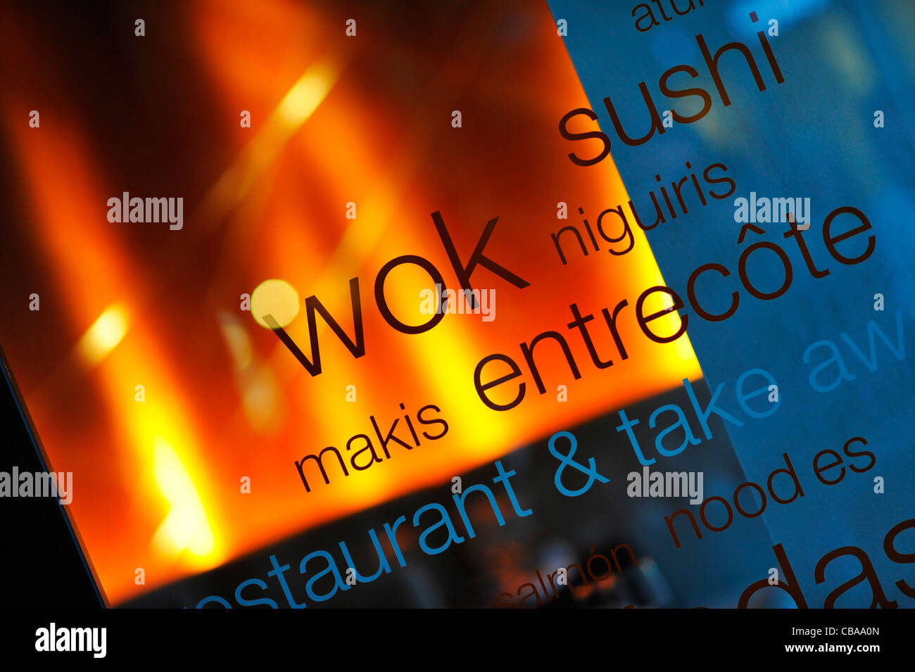 Restaurant window advertising a range of food in Palma, Mallorca Stock ...