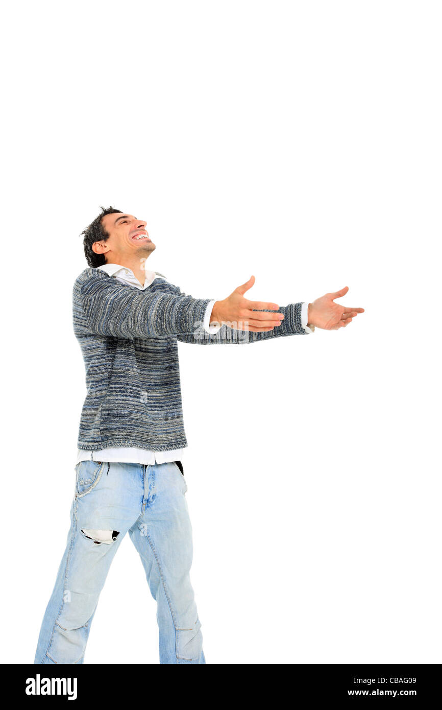 young casual man with open arms isolated on white background Stock ...