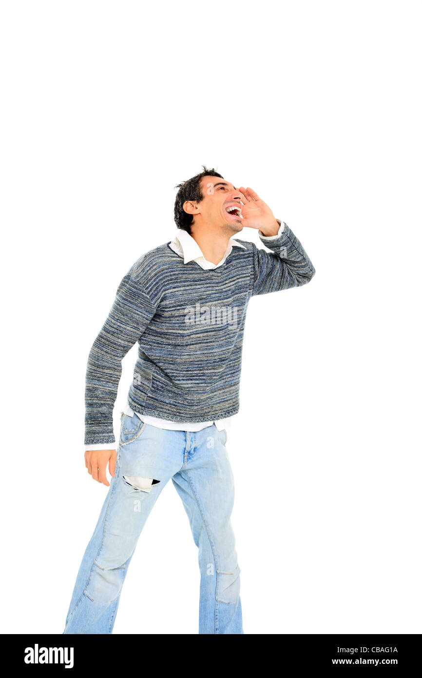 young casual man shouting isolated on white background Stock Photo - Alamy