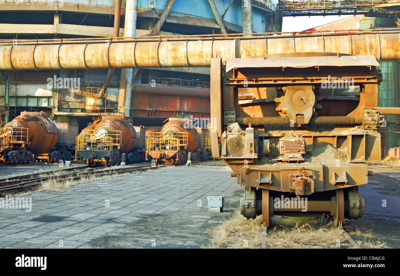 Closeup landscape photo of cargo carriages and trains in industrial ...
