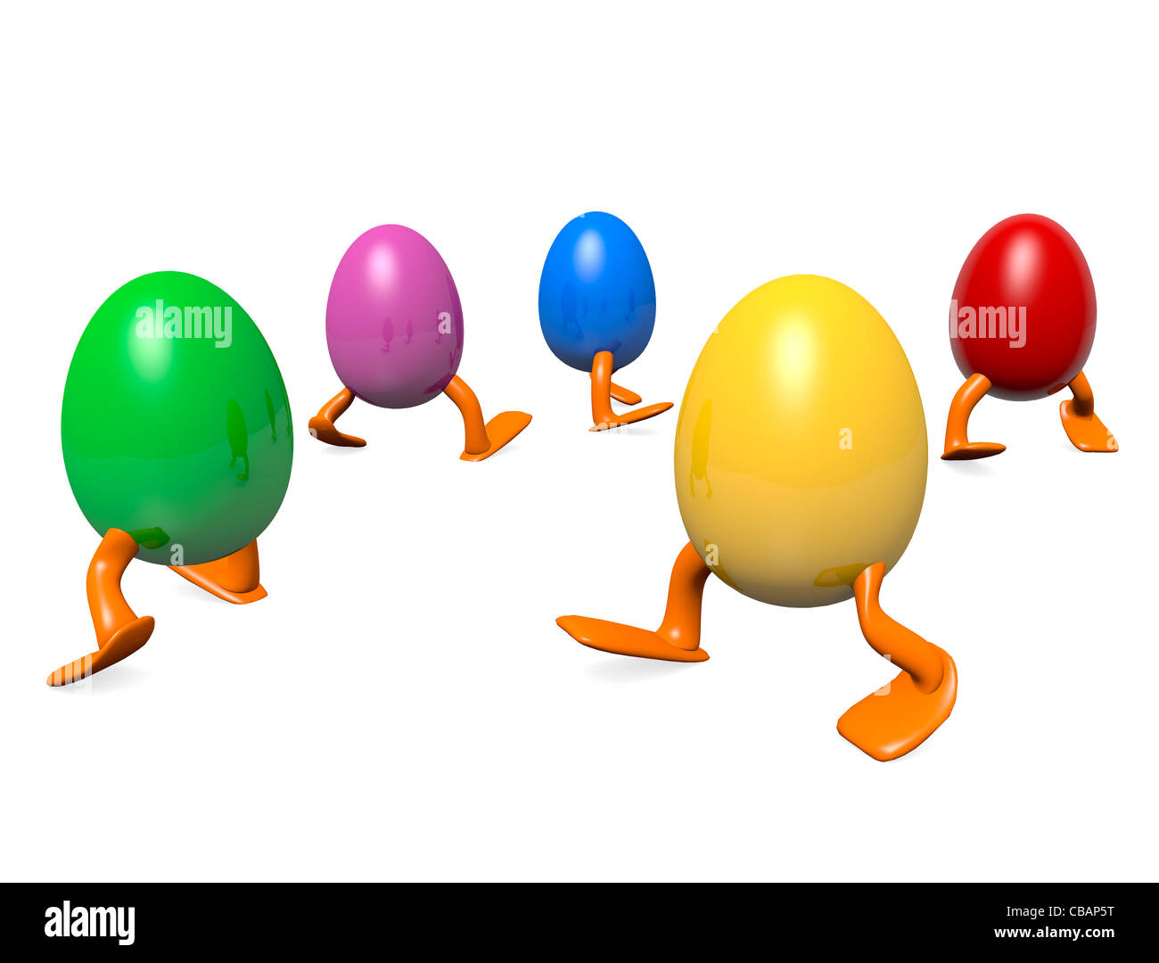 Colorful Easter eggs dancing on a white background, 3D image Stock ...