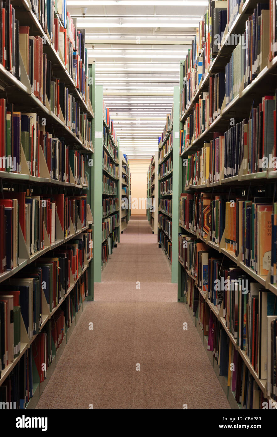 college library book stacks with bookshelves full of books Stock Photo ...