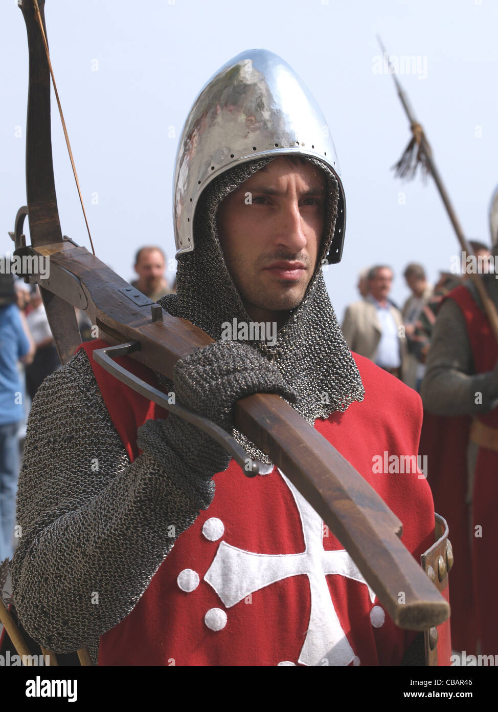 Man dressed as medieval crossbow man in costumed procession in Amalfi ...