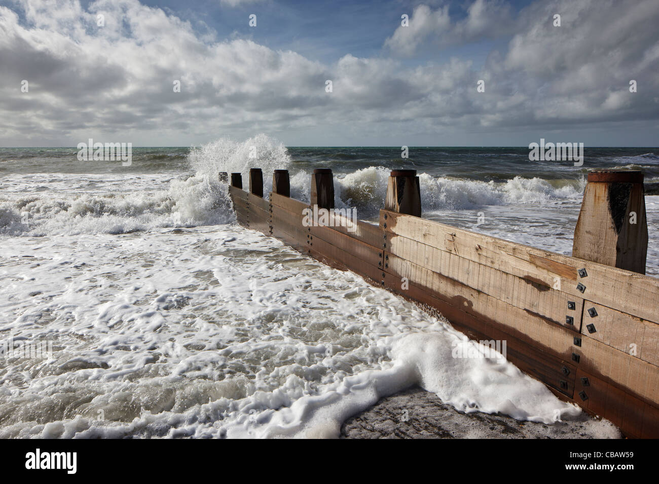 New groynes built as part of the sea defences on Tywyn beach Stock ...