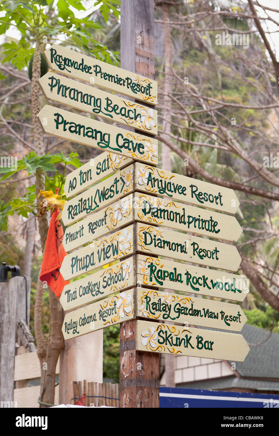 Signs for various destinations in Railey, Thailand Stock Photo - Alamy