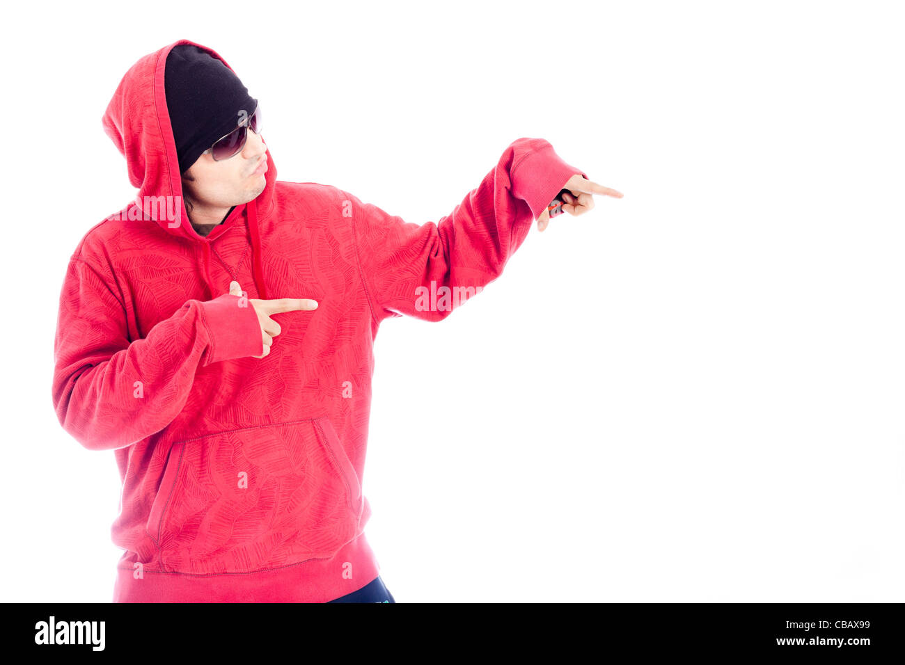 Hip Hop man in red hoody pointing, isolated on white background with ...