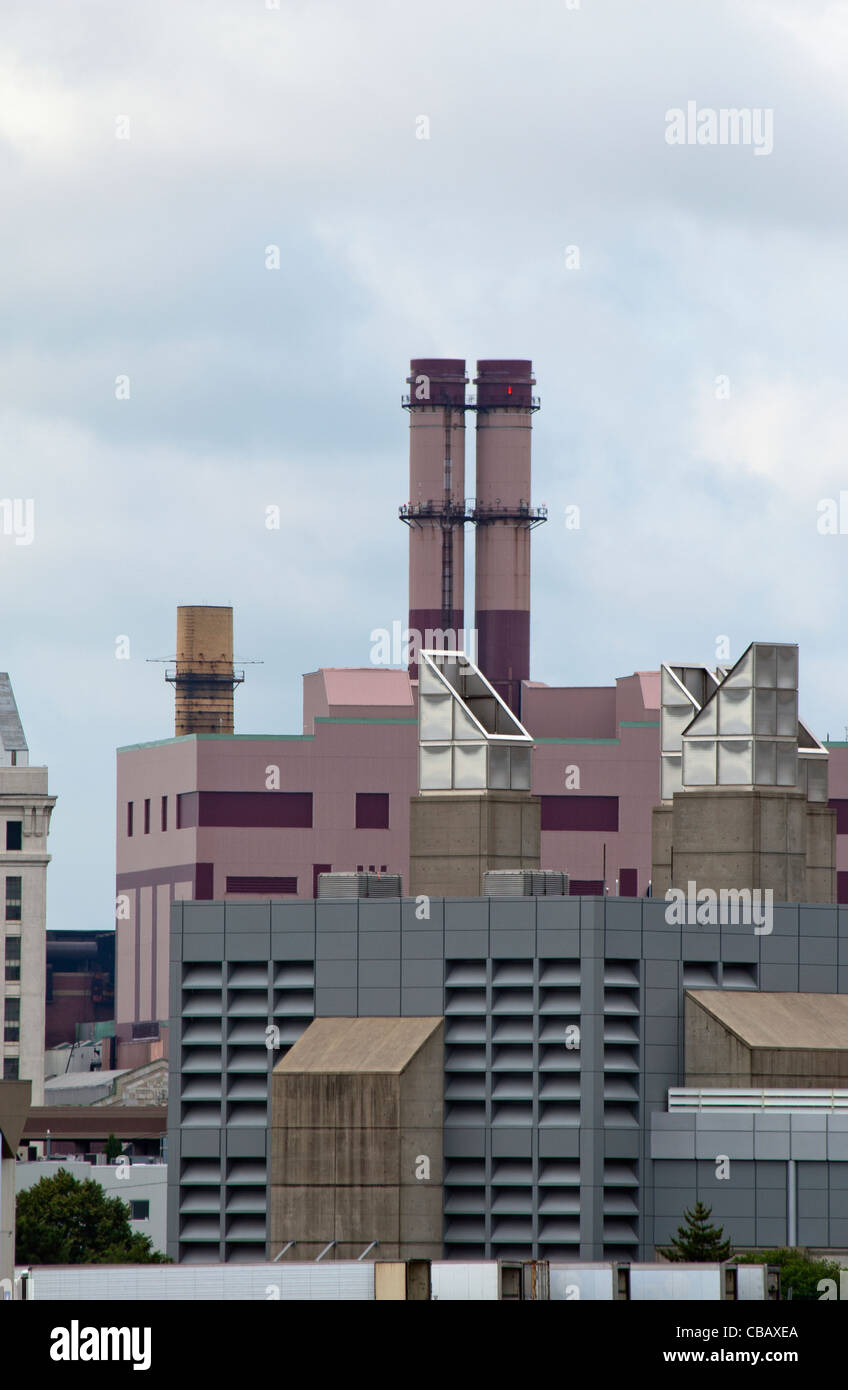 Pink power plant in Boston, MA with ventilation system in foreground ...