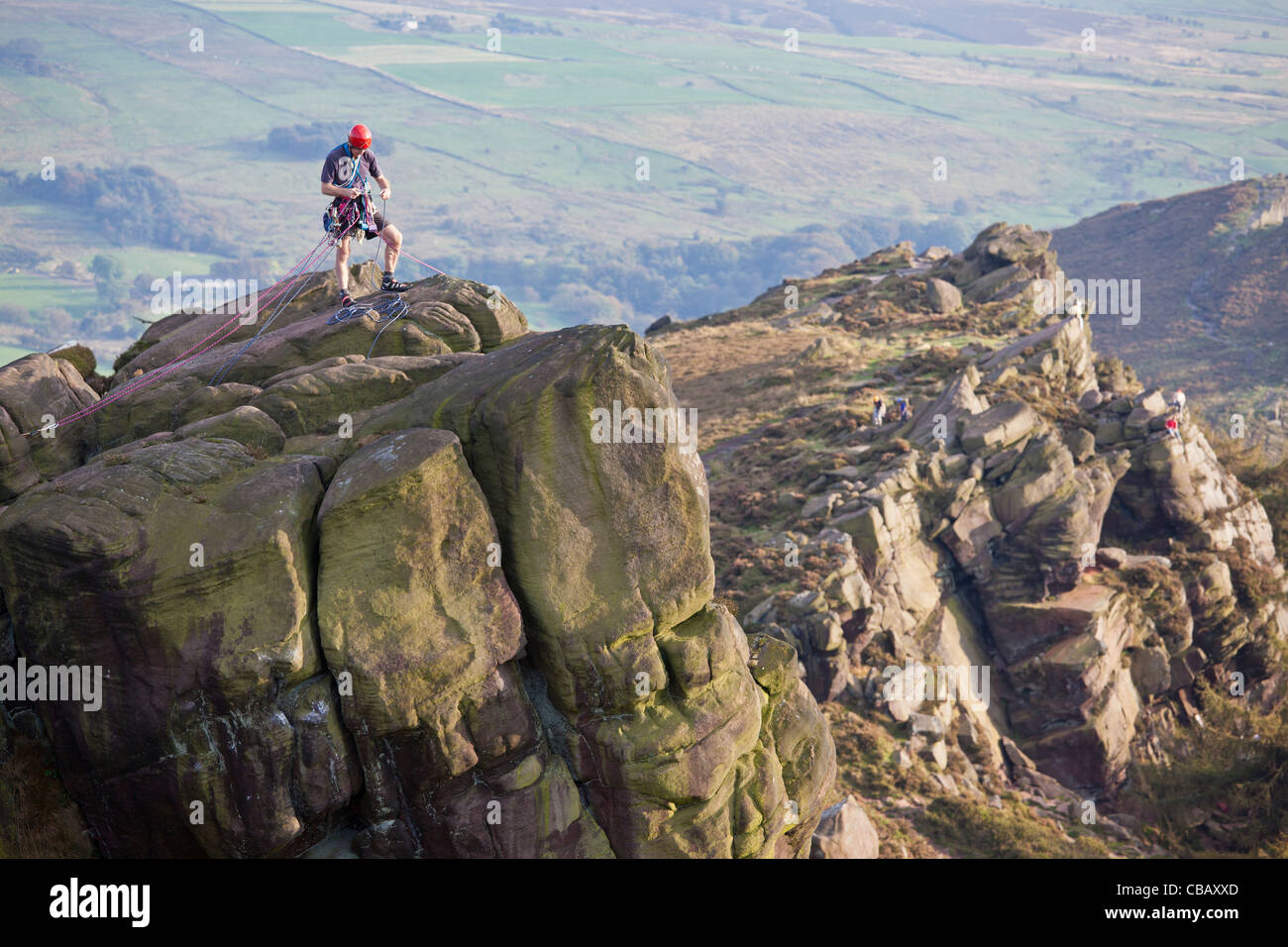 Rock Climber and Gritstone Edge, The Roaches, Peak District National ...