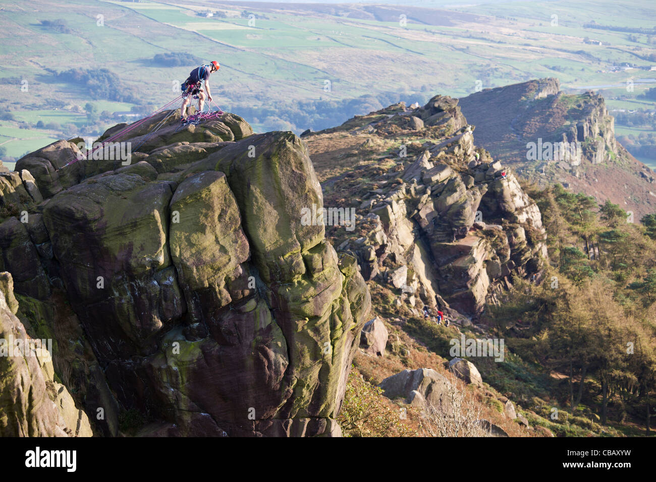 Rock Climber and Gritstone Edge, The Roaches, Peak District National ...