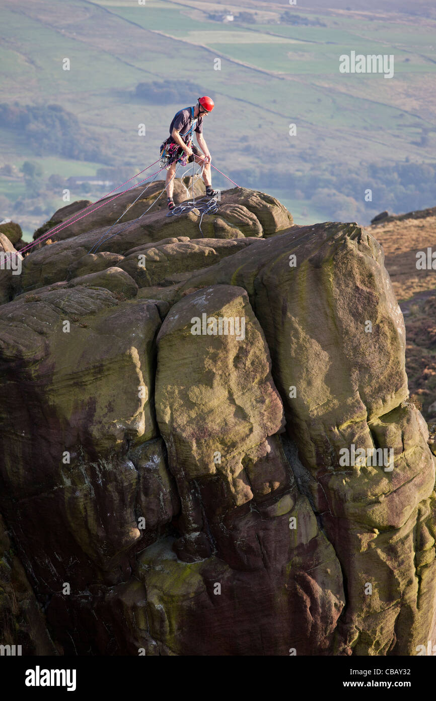 Rock Climber and Gritstone Edge, The Roaches, Peak District National ...