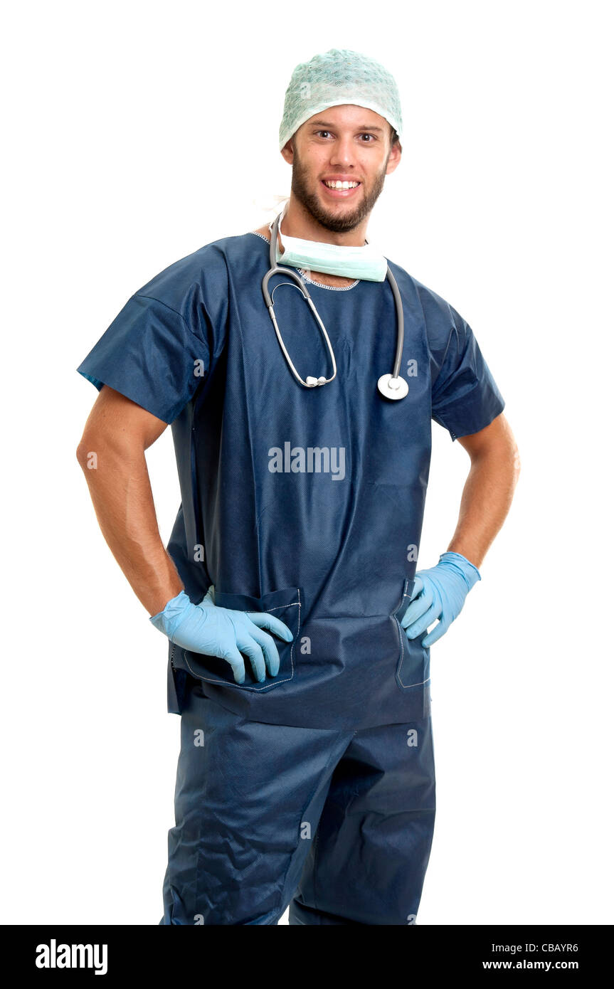 Young doctor in uniform against a white background Stock Photo - Alamy