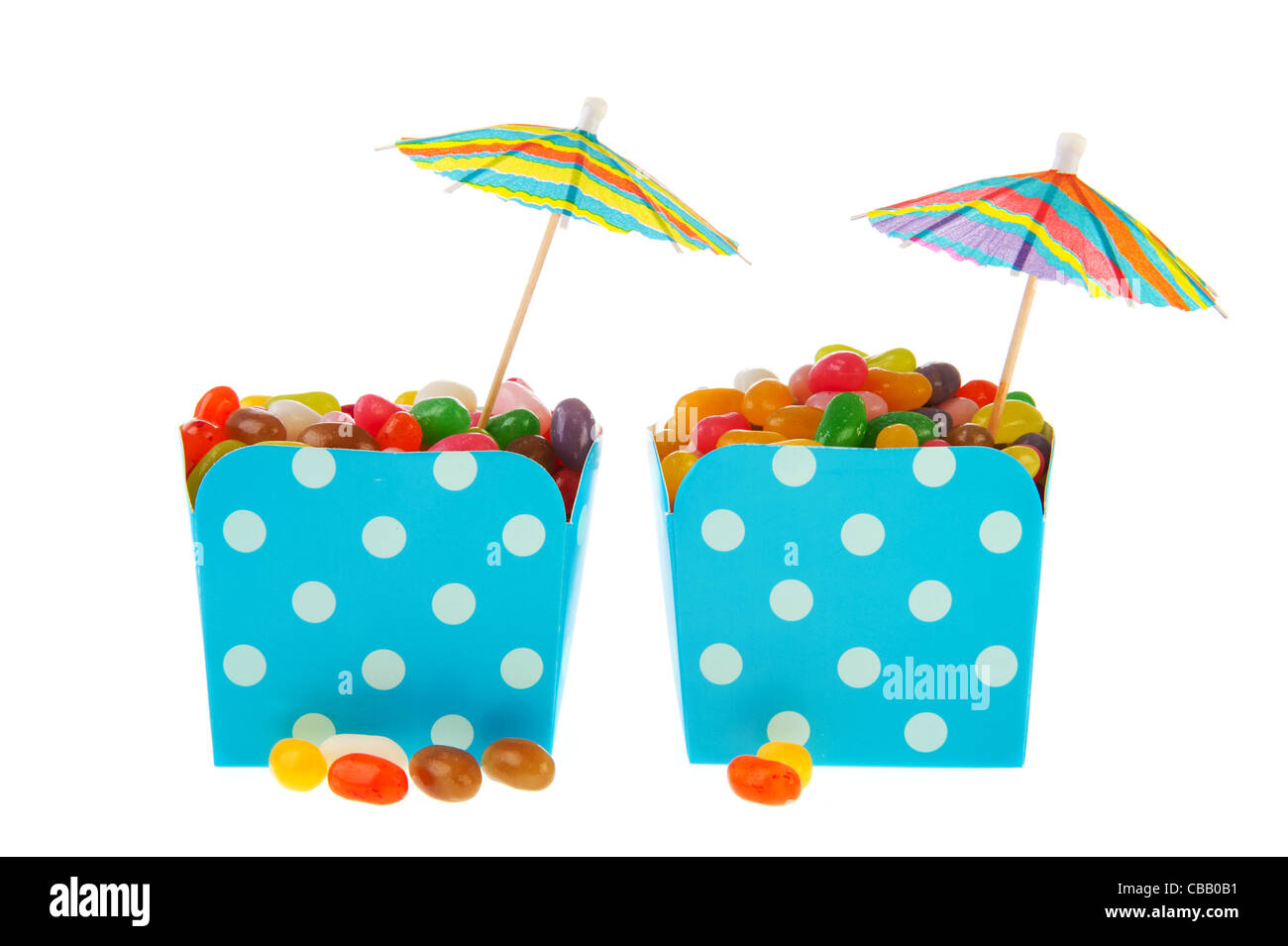 Two blue dotted cartons full with colorful candy in the summer Stock ...