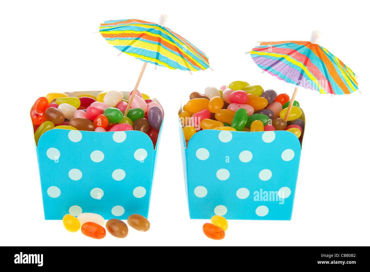 Two blue dotted cartons full with colorful candy in the summer Stock ...