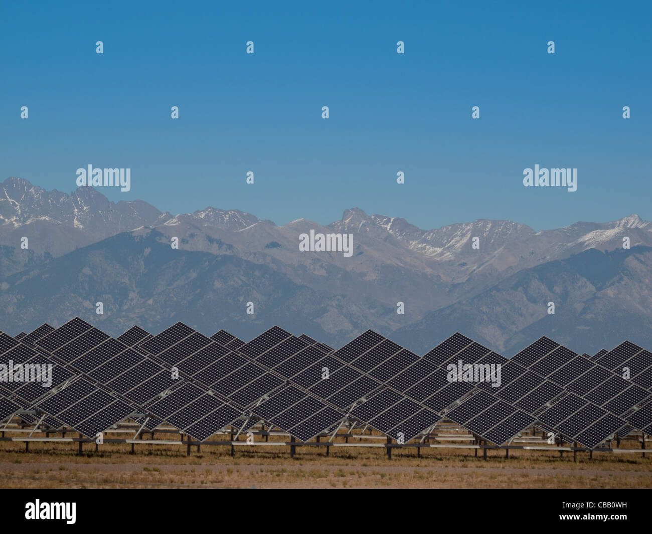 A series of large solar panels forms a symmetrical line at a power ...