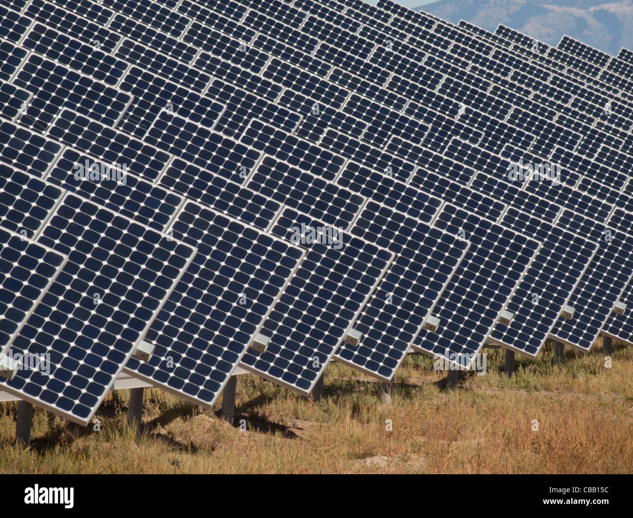 A series of large solar panels forms a symmetrical line at a power ...