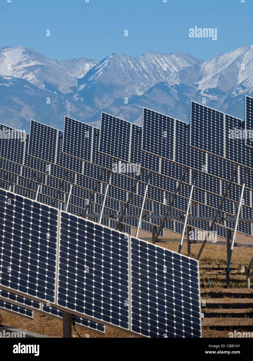 A series of large solar panels forms a symmetrical line at a power ...