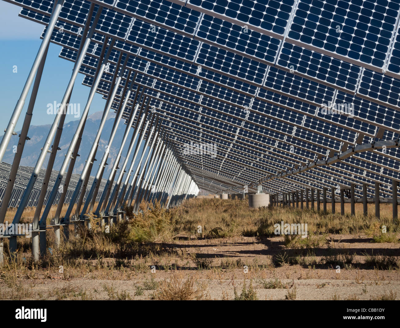 A series of large solar panels forms a symmetrical line at a power ...