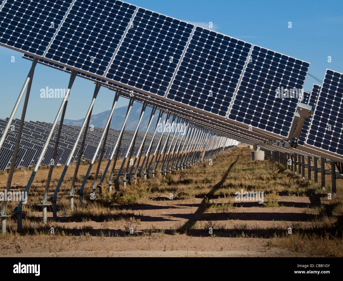 A series of large solar panels forms a symmetrical line at a power ...