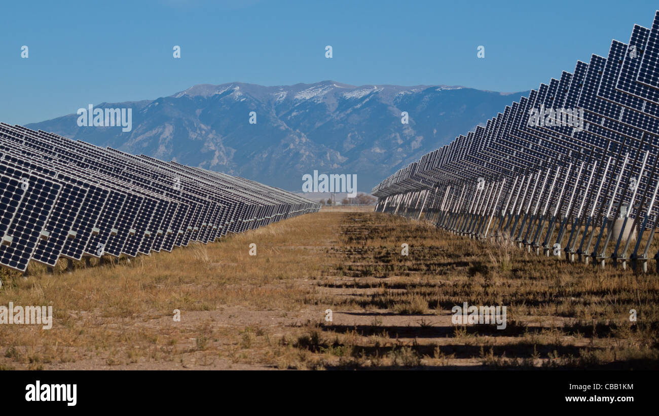 A series of large solar panels forms a symmetrical line at a power ...