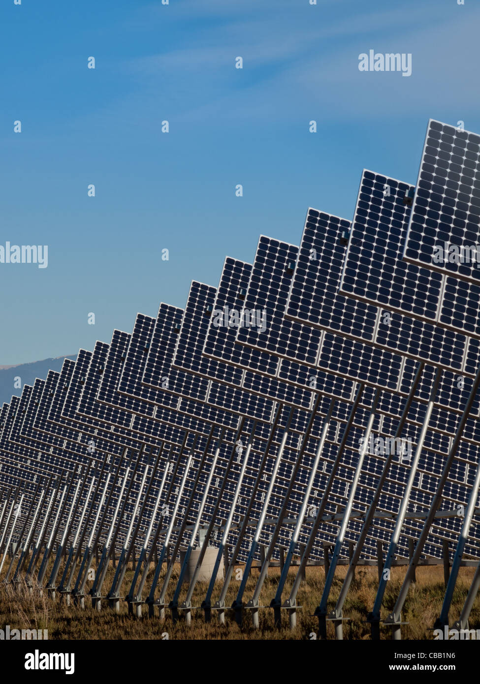 A series of large solar panels forms a symmetrical line at a power ...