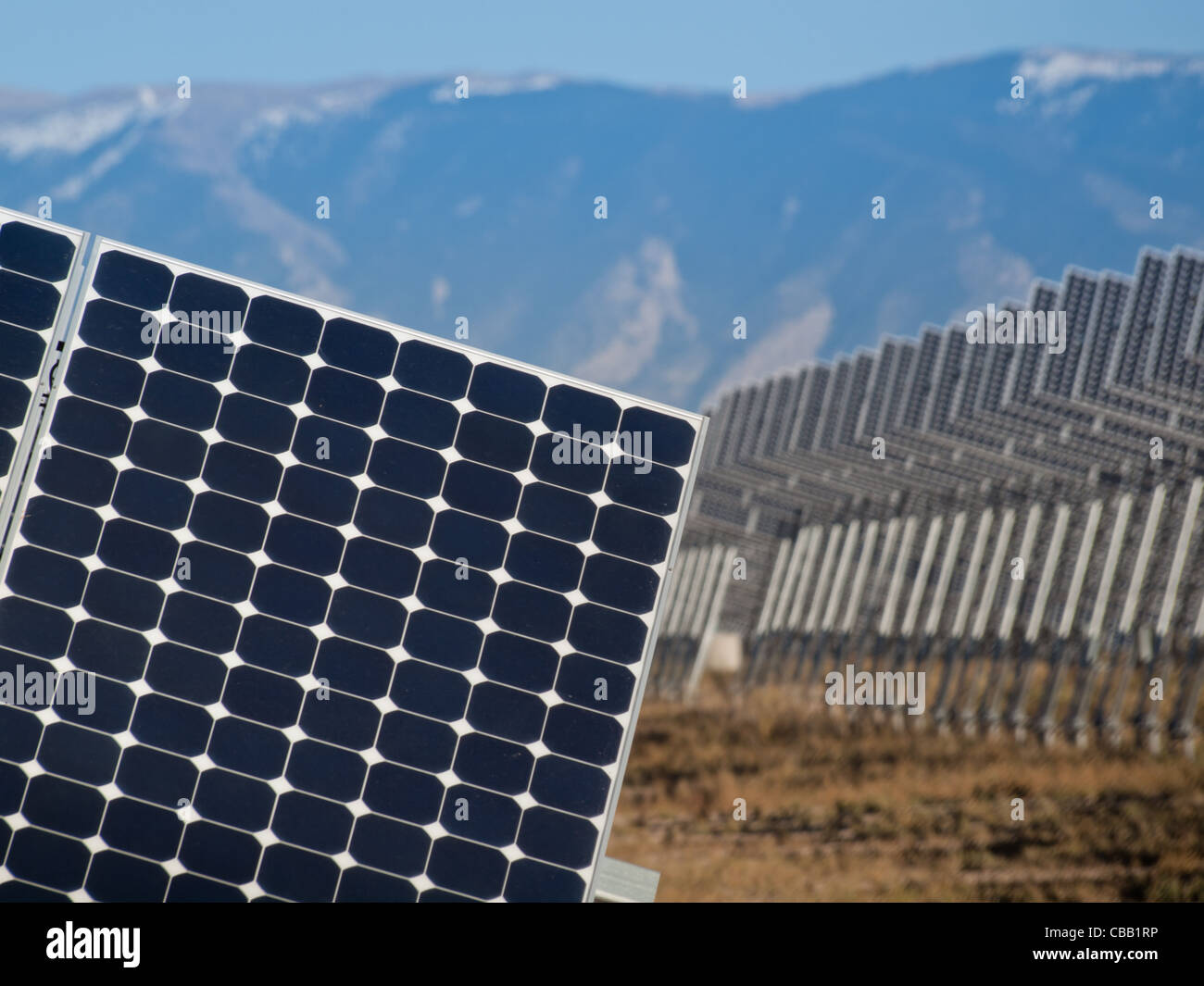 A series of large solar panels forms a symmetrical line at a power ...