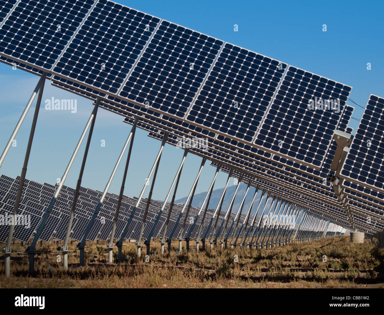 A series of large solar panels forms a symmetrical line at a power ...