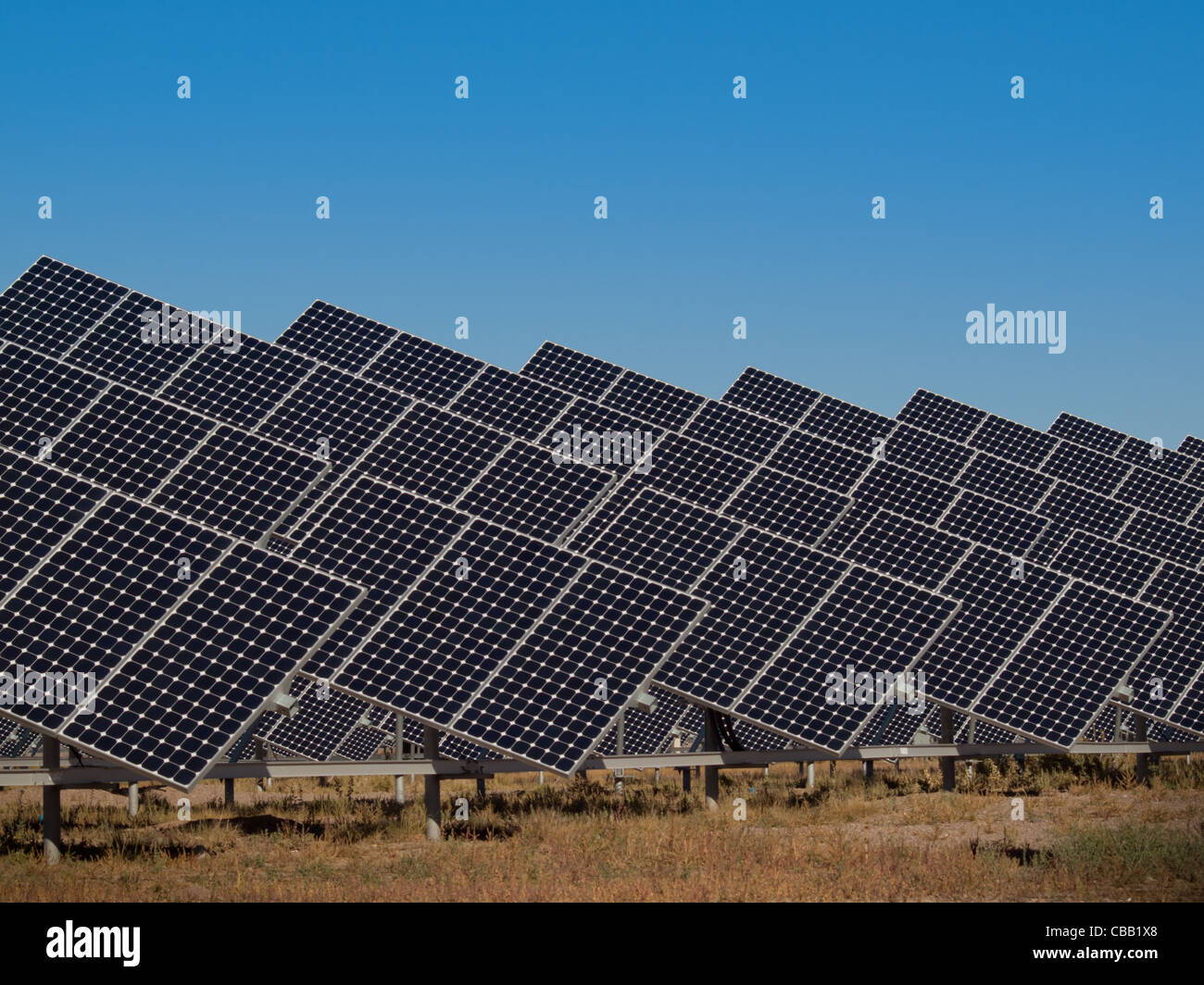 A series of large solar panels forms a symmetrical line at a power ...
