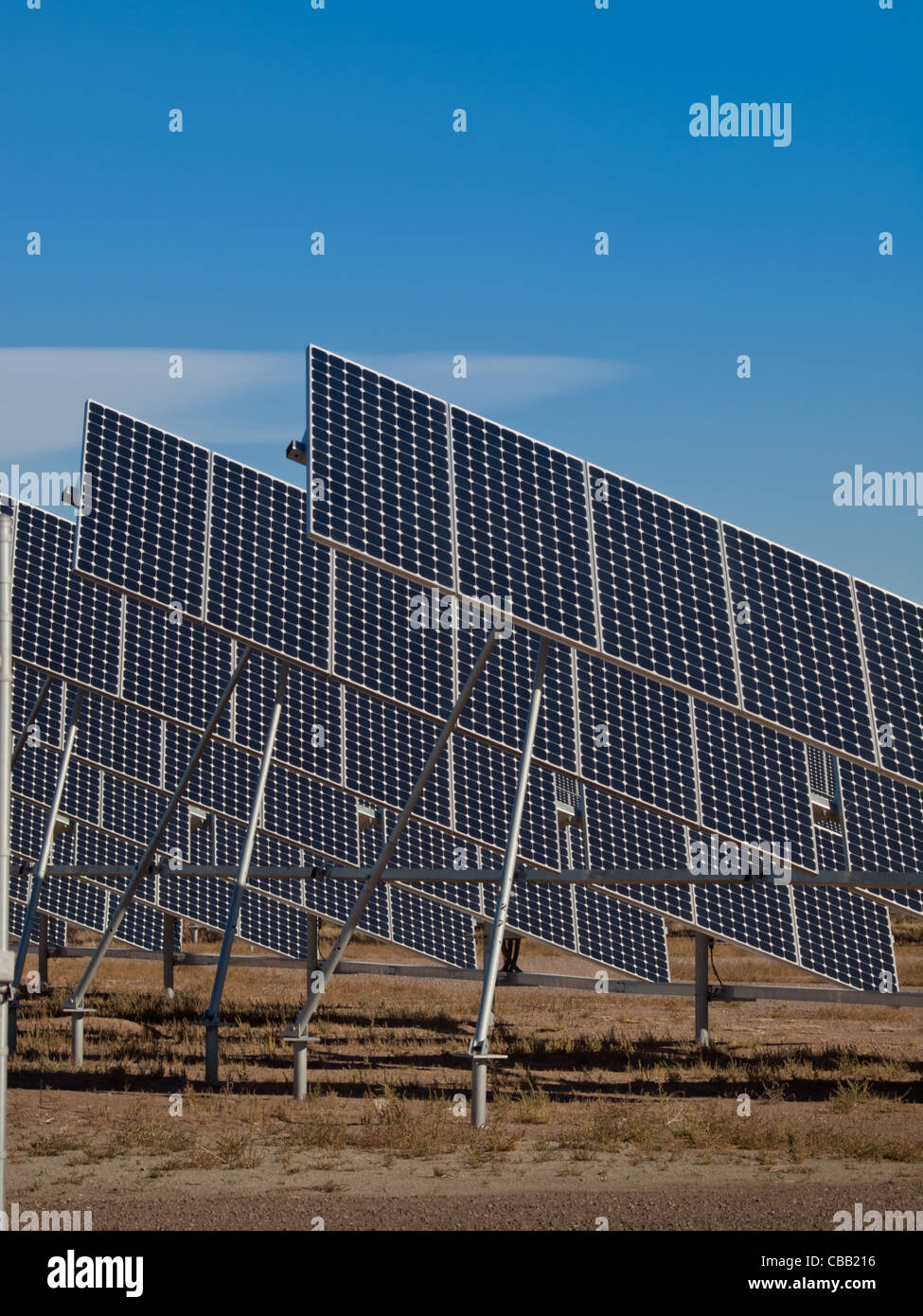 A series of large solar panels forms a symmetrical line at a power ...