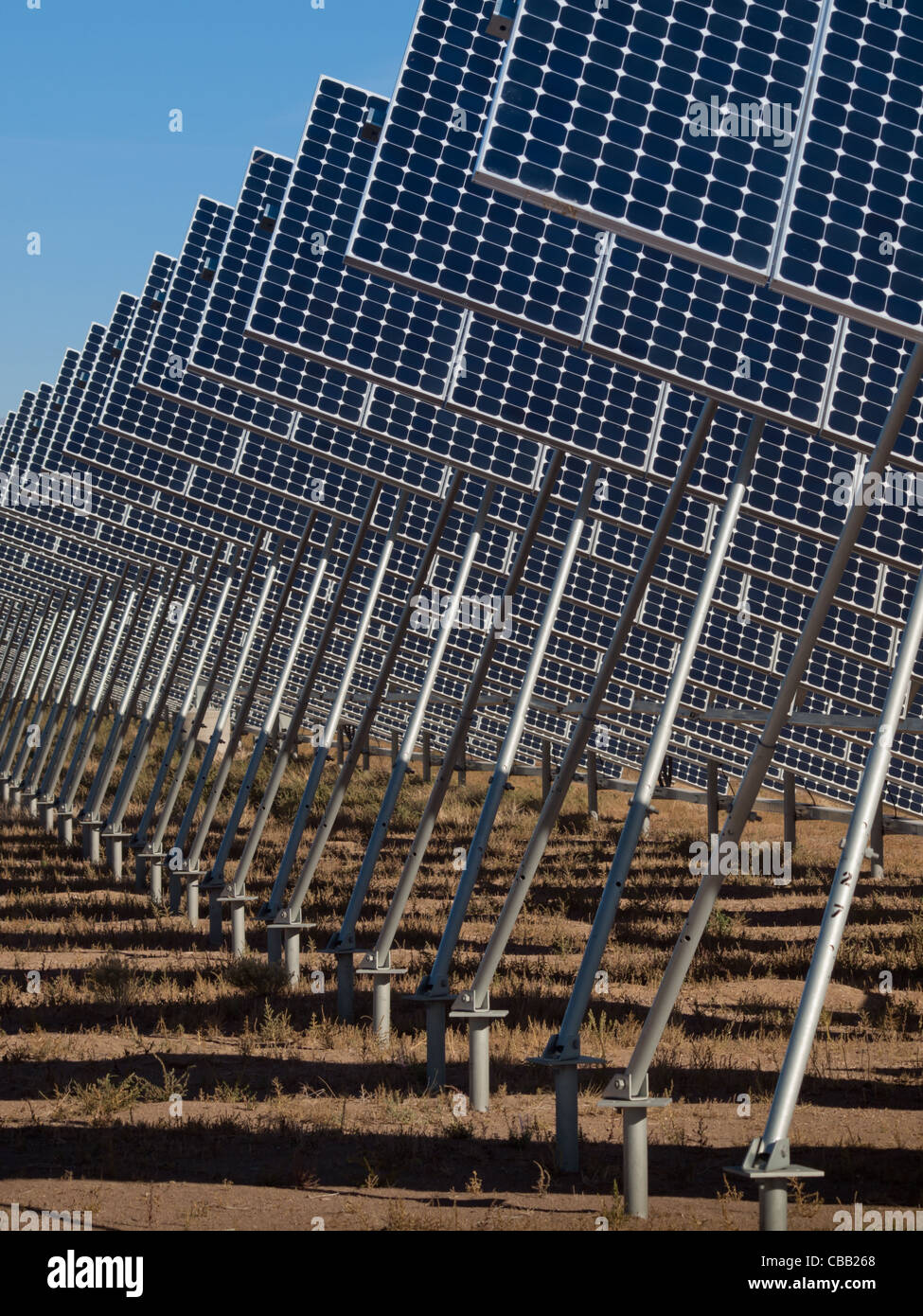 A series of large solar panels forms a symmetrical line at a power ...