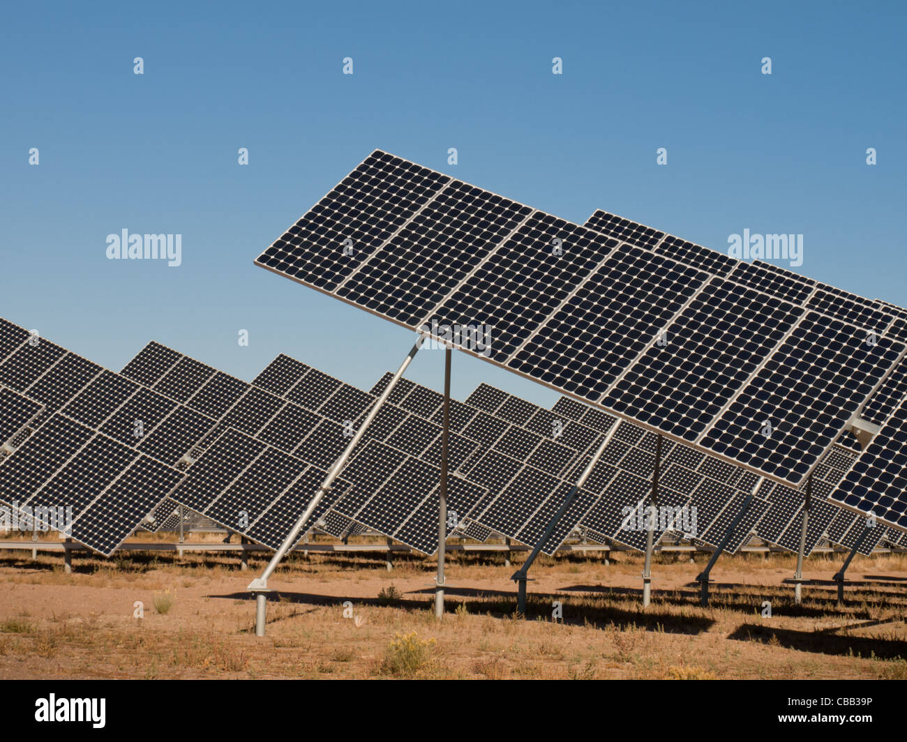 A series of large solar panels forms a symmetrical line at a power ...