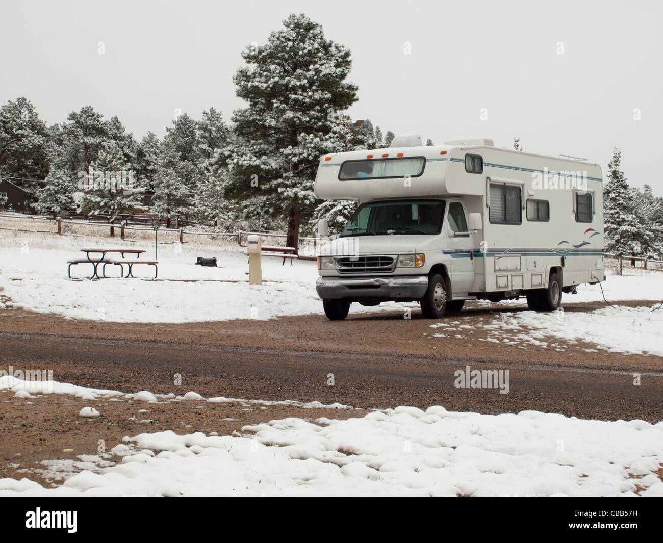 RV campsite in snow at Estes park, Colorado Stock Photo - Alamy