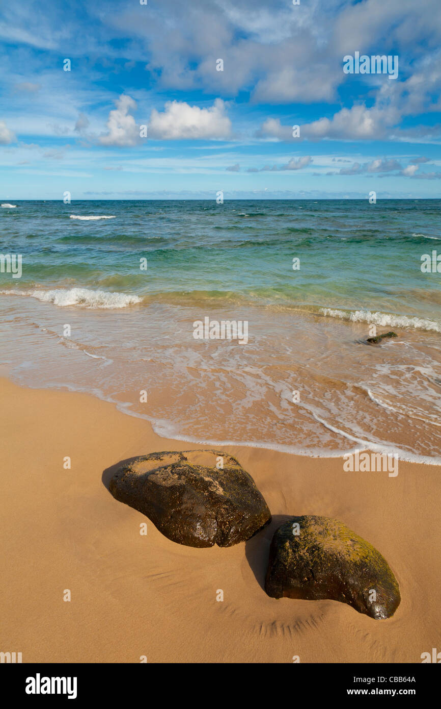 Two rocks on a sandy, Hawaiian beach with blue sky Stock Photo - Alamy