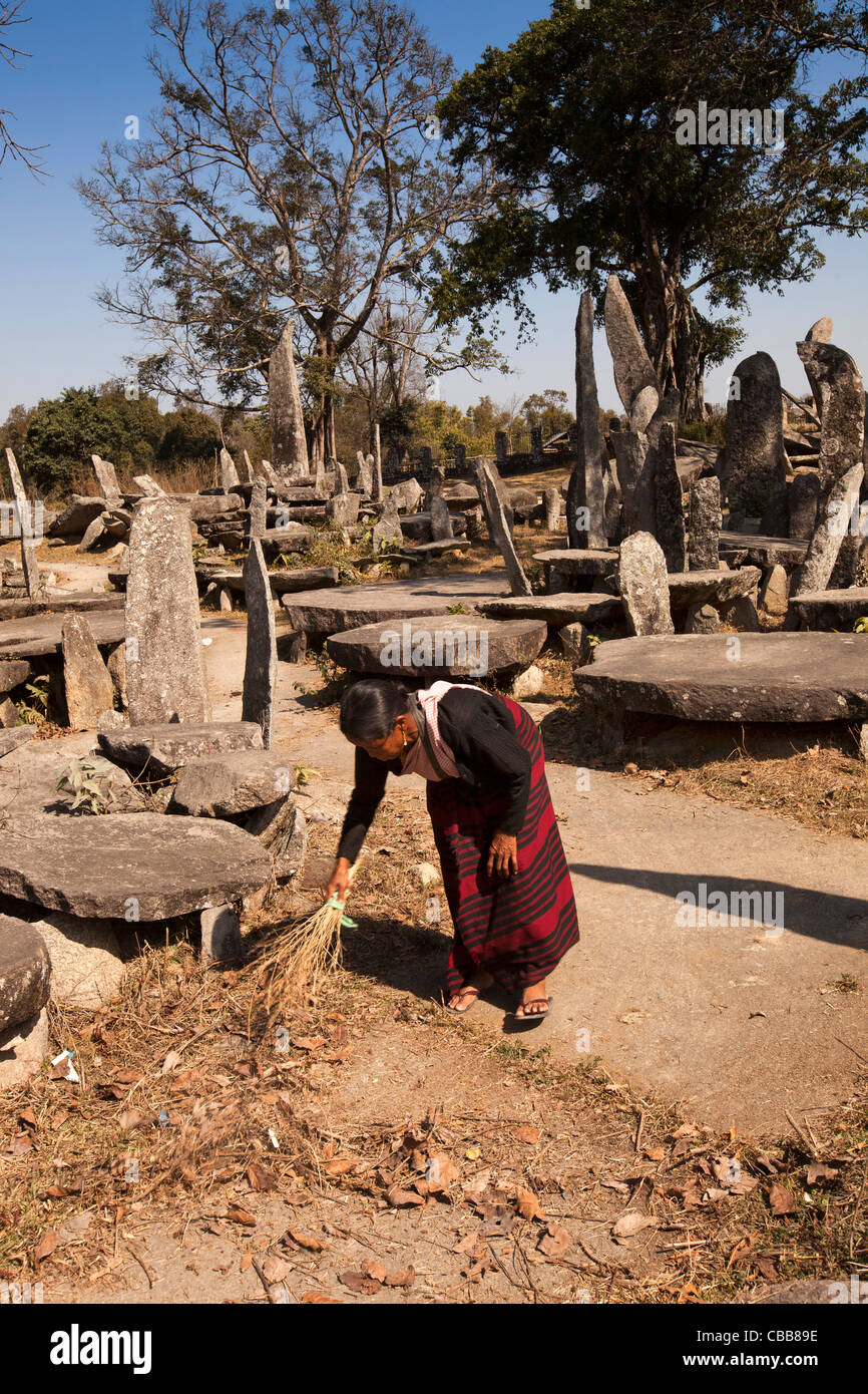 India, Meghalaya, Jaintia Hills, Nartiang Megaliths, woman cleaner ...