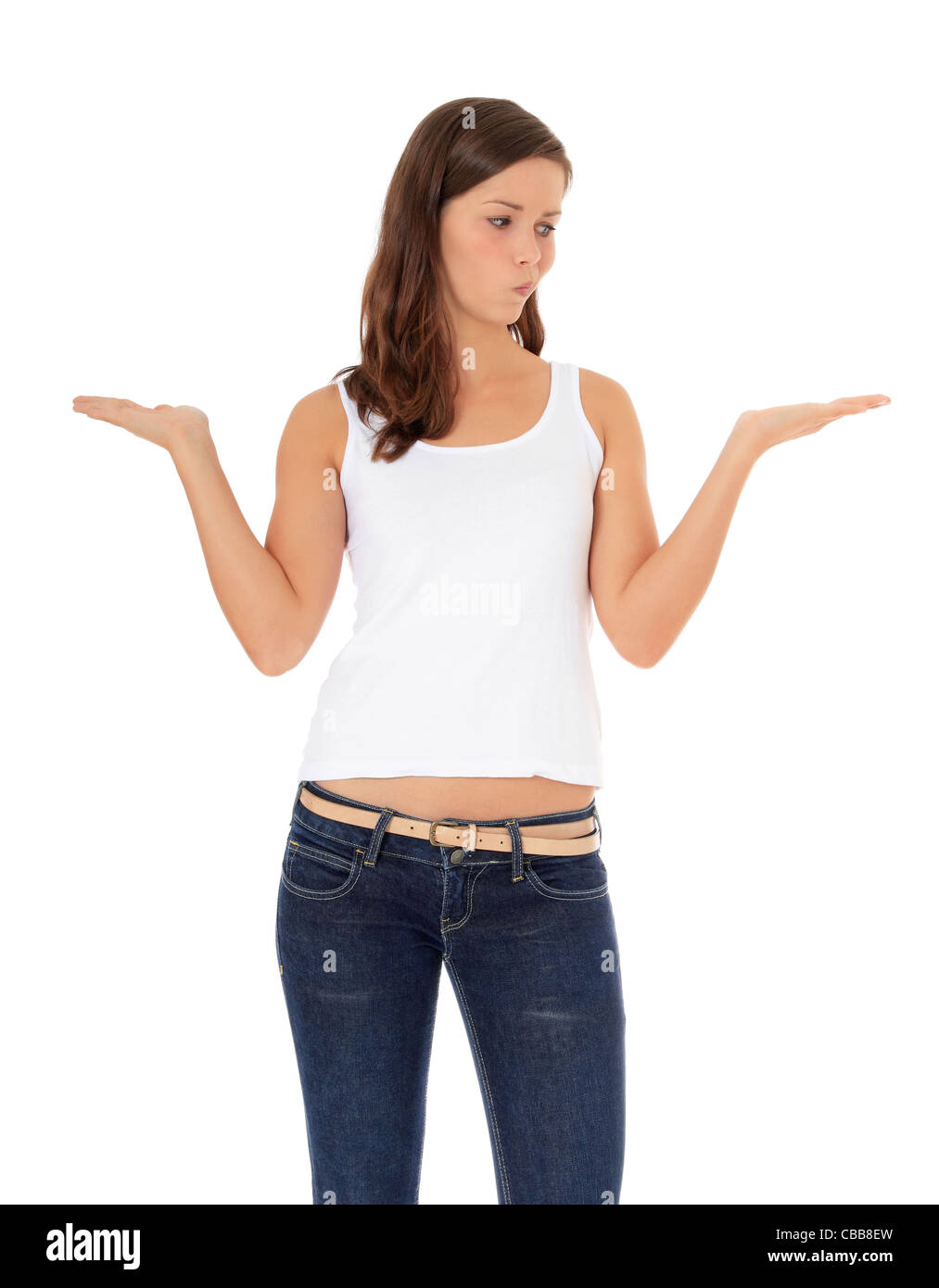 Clueless young woman. All on white background Stock Photo - Alamy