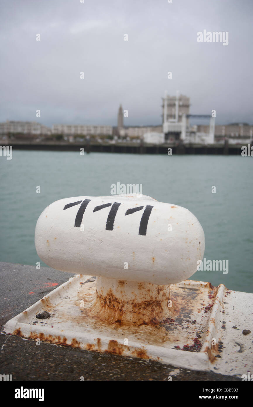 Numbered bollards at the quay of the cruise terminal of Le Havre on the ...