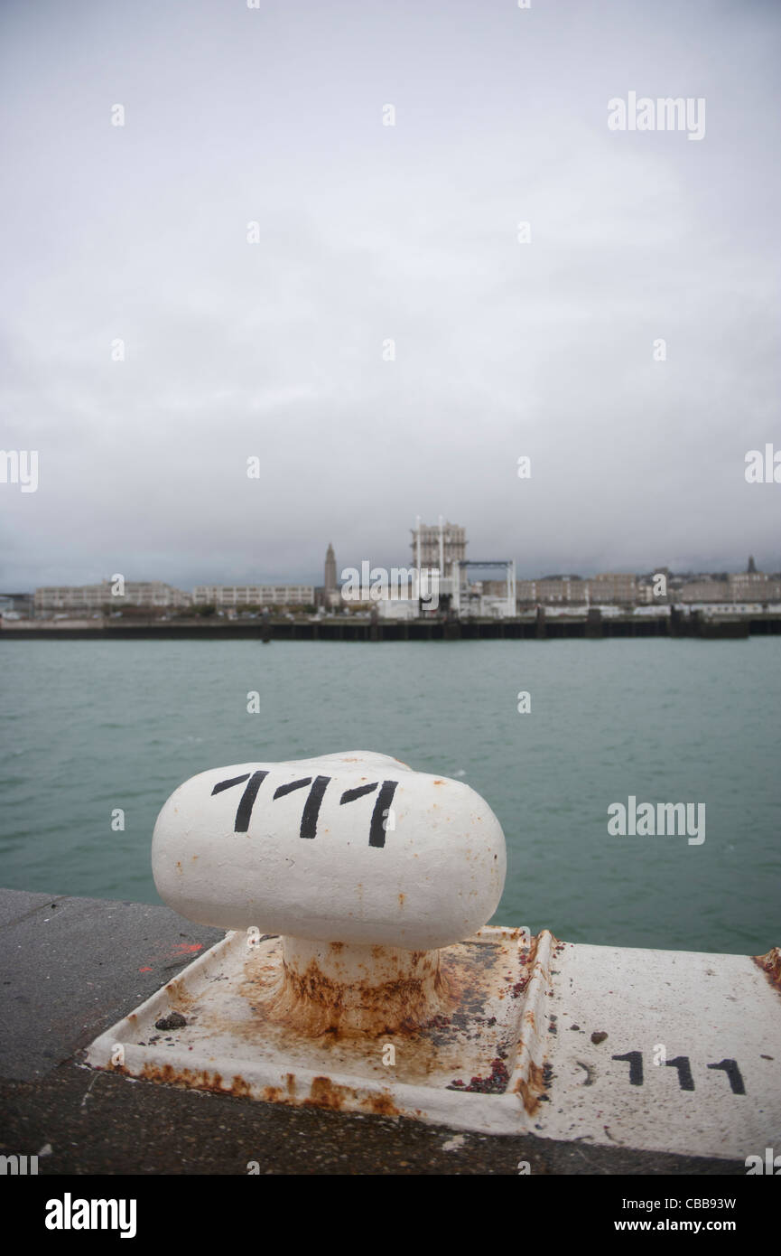Numbered bollards at the quay of the cruise terminal of Le Havre on the ...