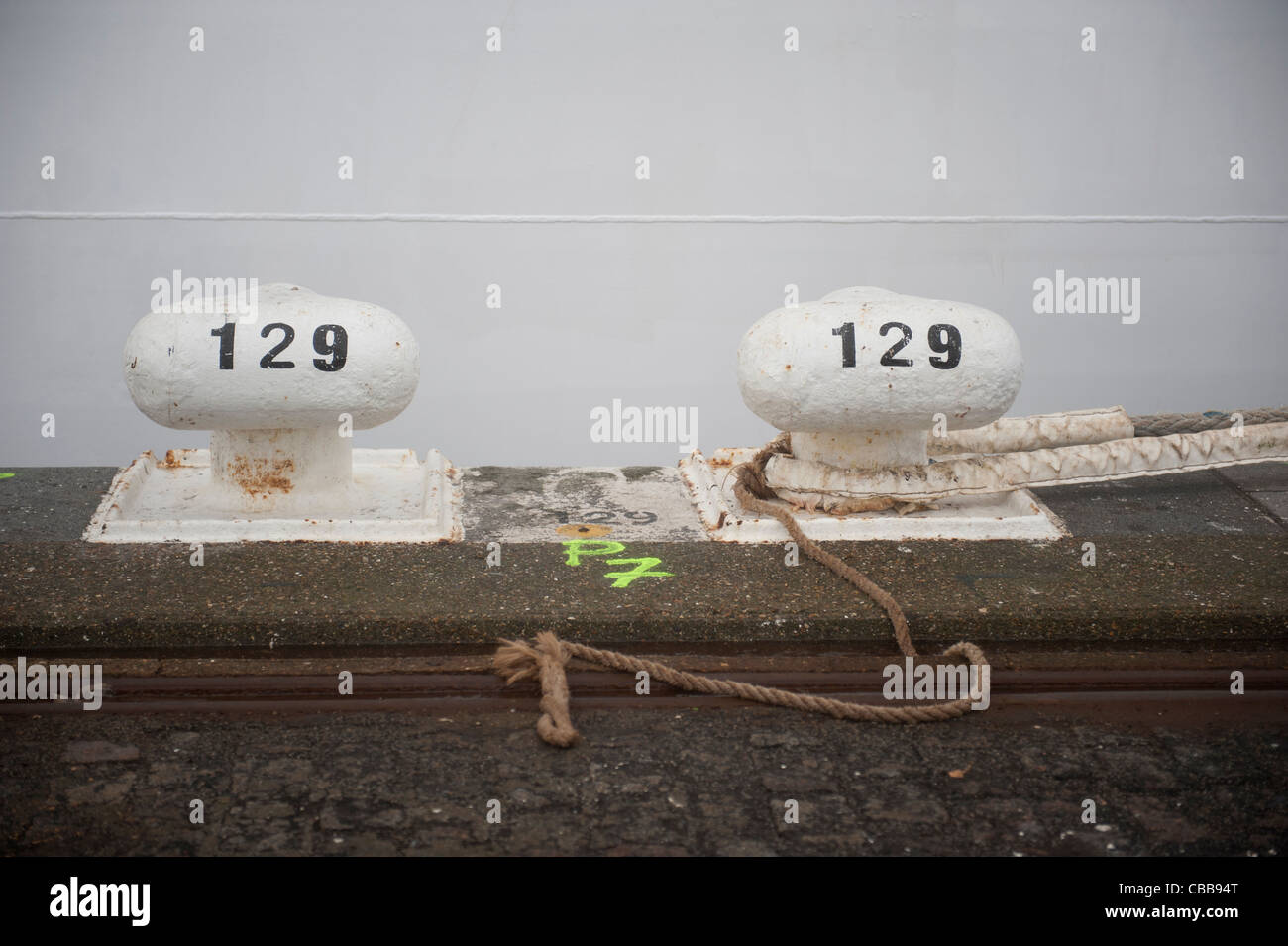 Numbered bollards at the quay of the cruise terminal of Le Havre on the ...