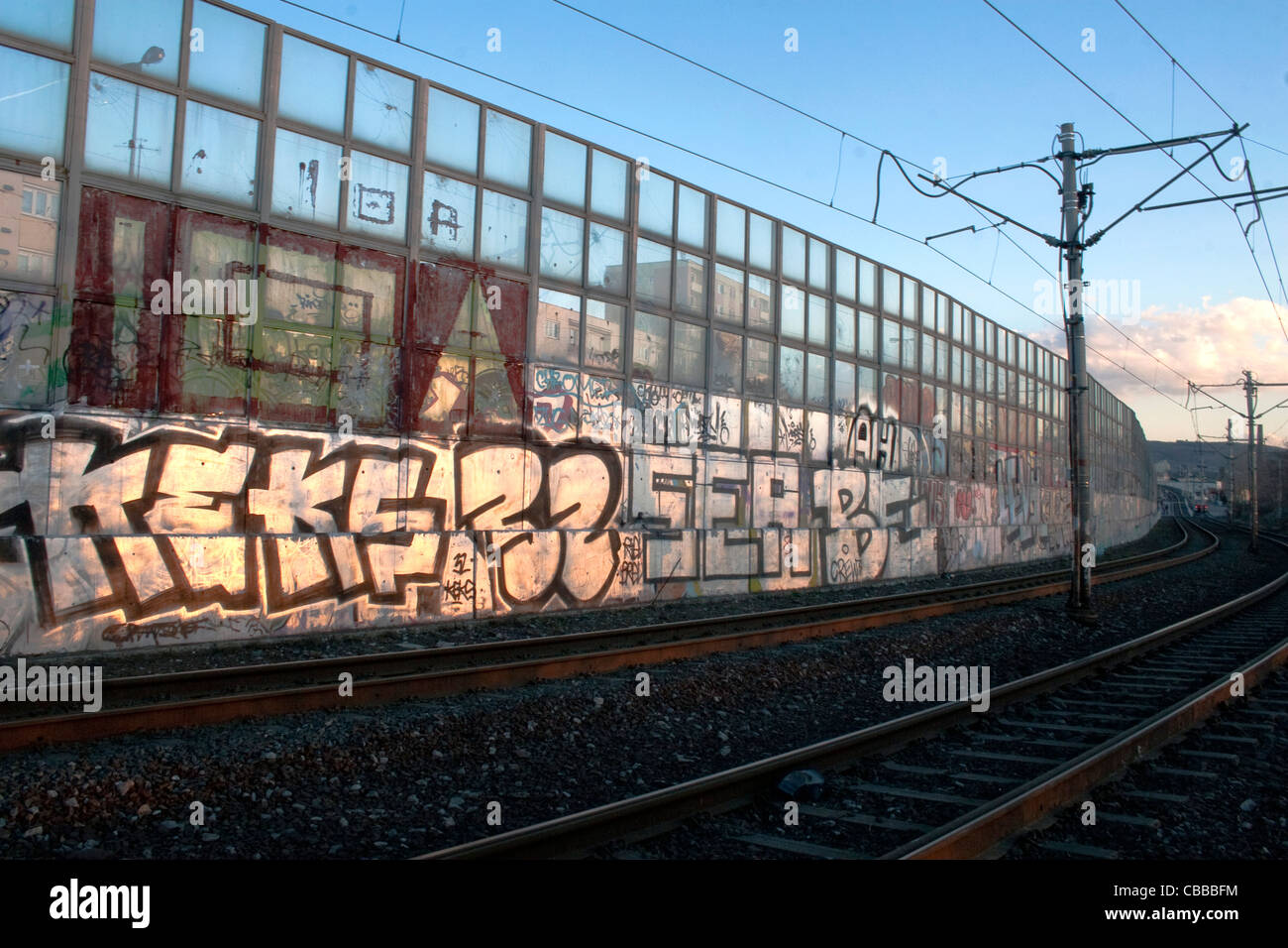 Legal graffiti on the wall of a tram line in Prague, Modrany on ...