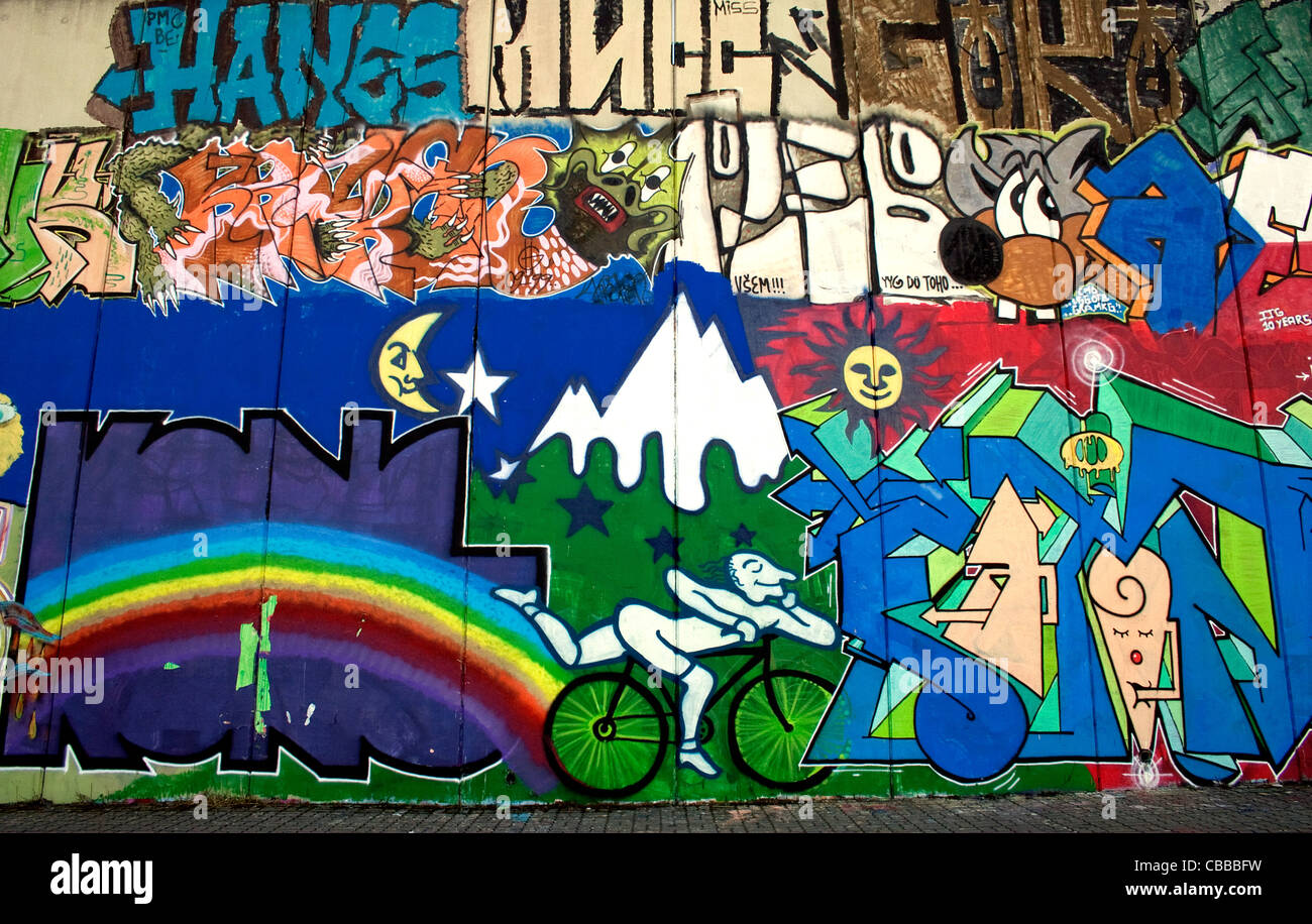 Legal graffiti on the wall of a tram line in Prague, Modrany on ...