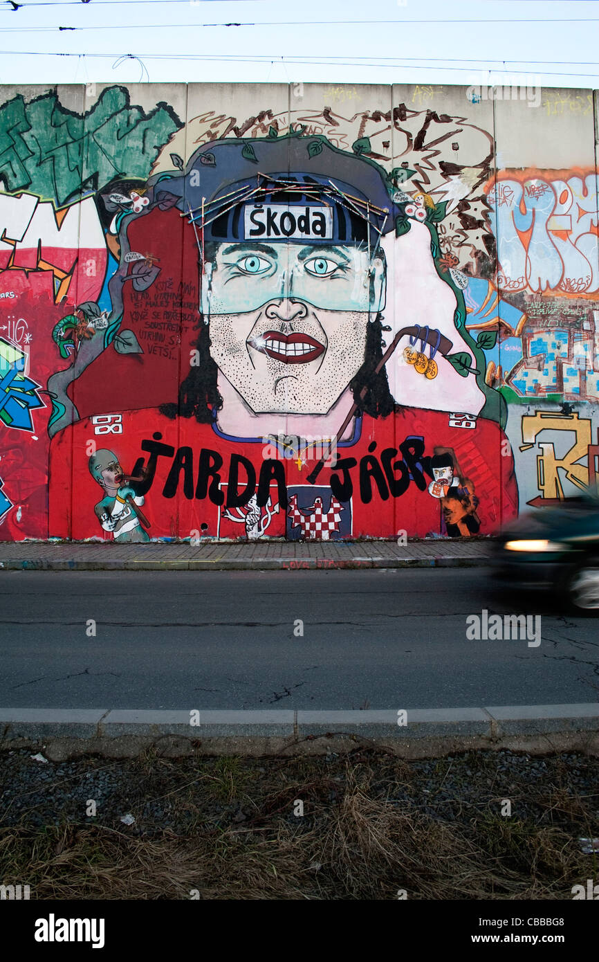 Legal graffiti on the wall of a tram line in Prague, Modrany on ...