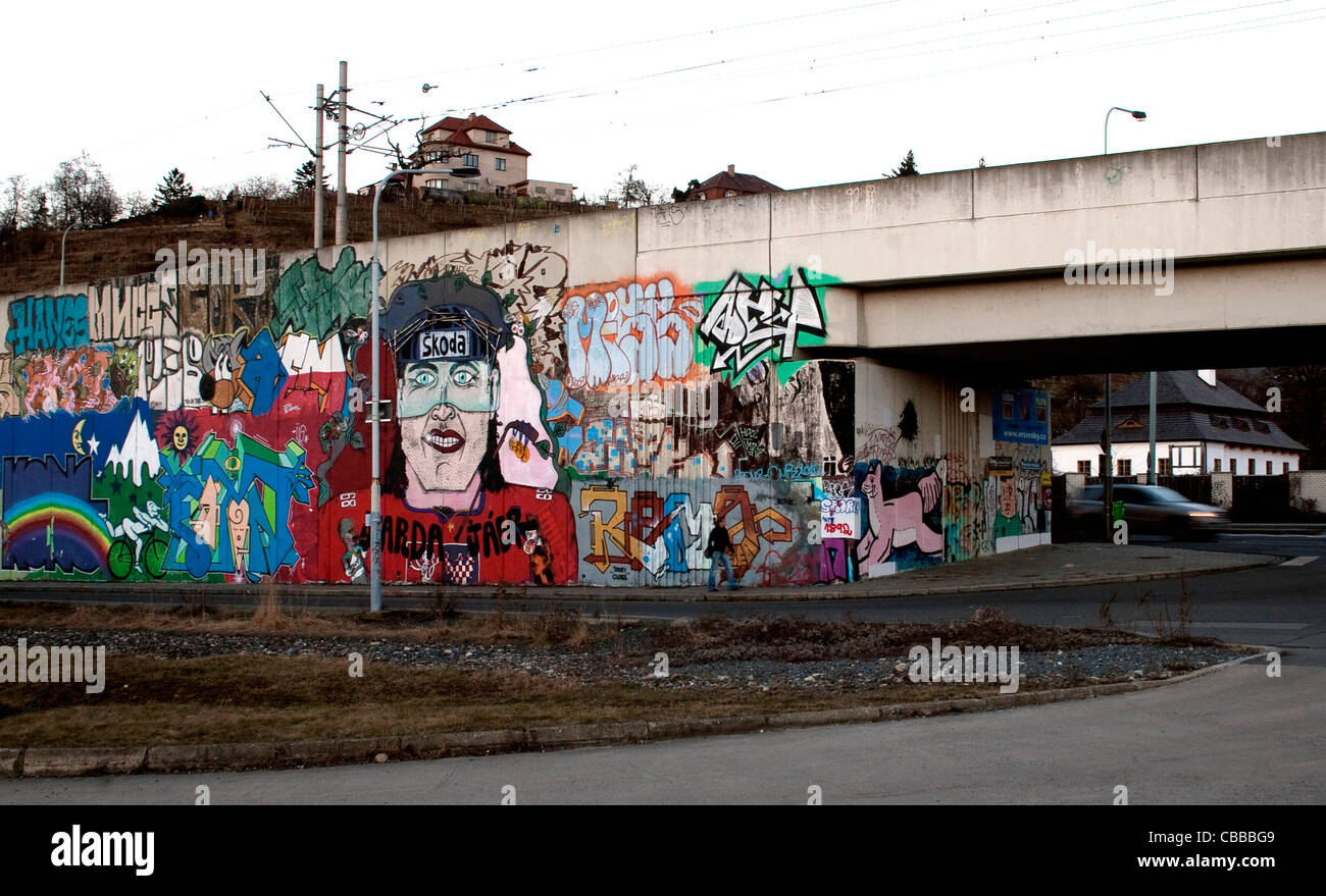 Legal graffiti on the wall of a tram line in Prague, Modrany on ...