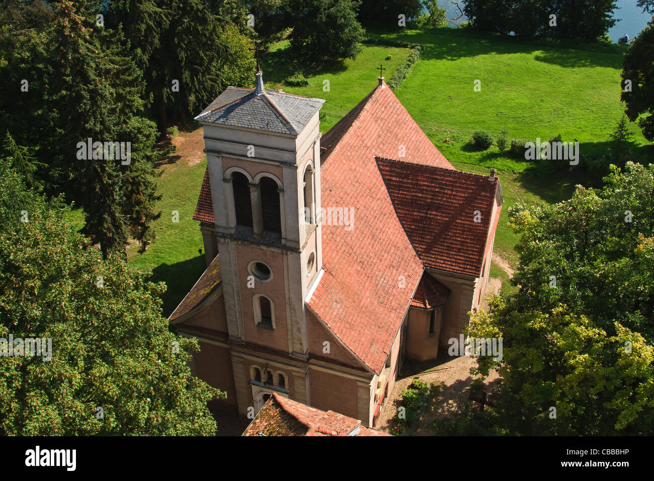 Church in Lagow - touristic little town in western Poland seen from the ...