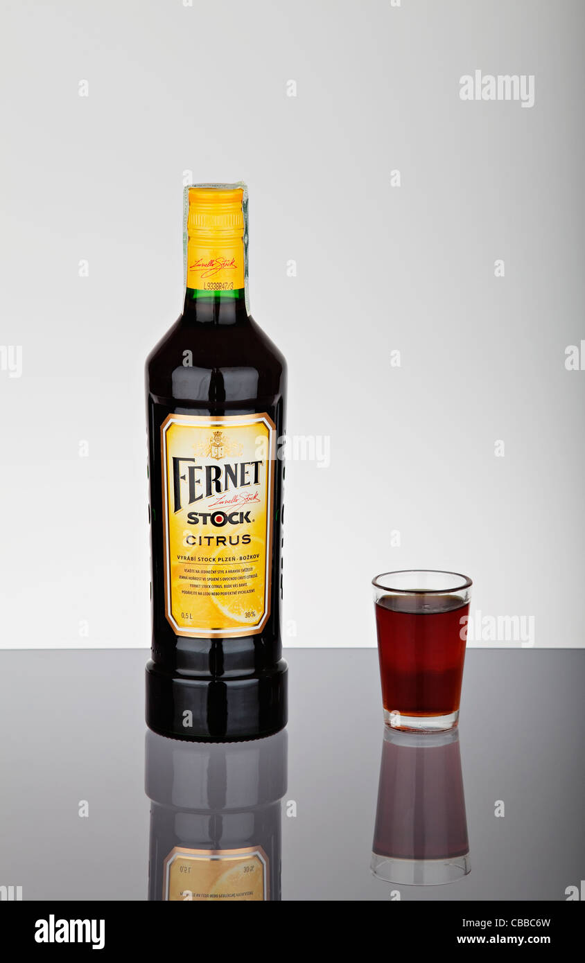 bottle of alcoholic drink FERNET STOCK CITRUS, shot glass, Czech ...